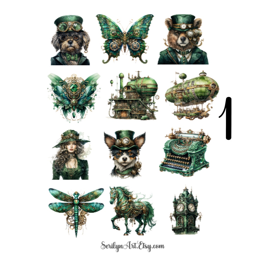 Sticker Sheet Green Steampunk Themed for Bullet Journal, Scrapbooking ...