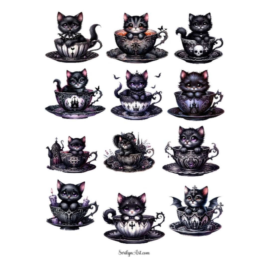 Sticker Sheet Gothic Teacup Kittens Themed for Bullet Journal ...