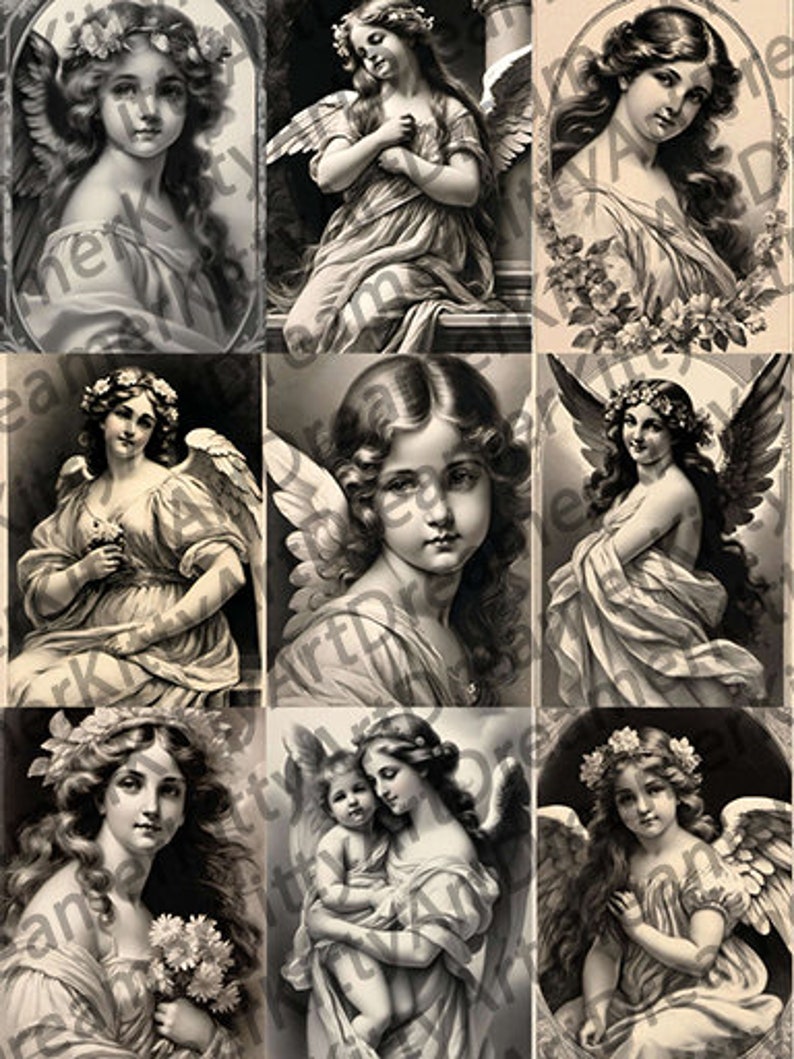 Vintage Angel Postcards, Set 10 Pieces, 19th Century, Black and White, Digital, Printable ...