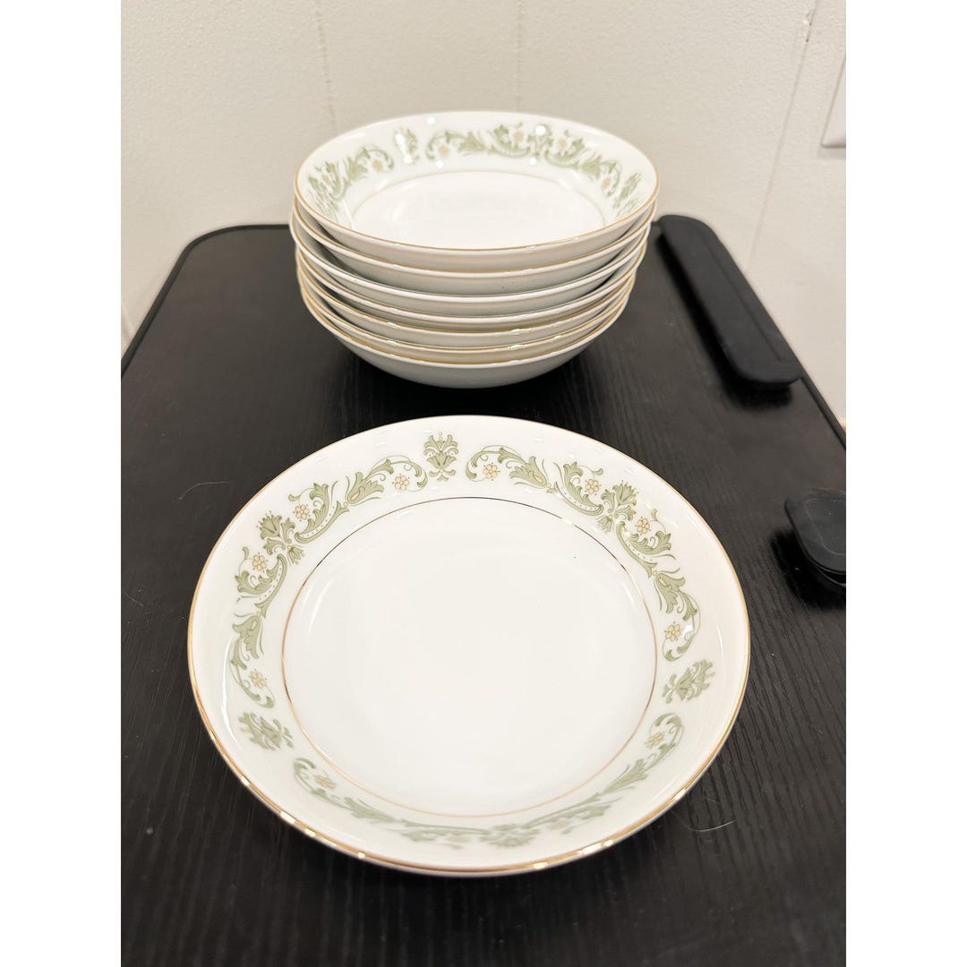 Vintage Style House Bowls Set – Green Floral, Gold Trim (set of 8) - Etsy