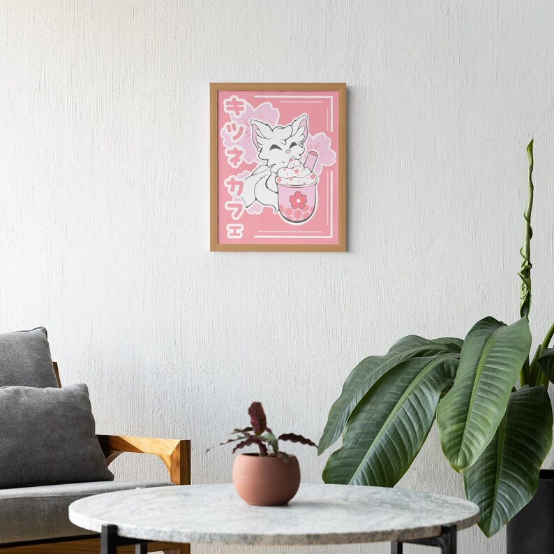 Kitsu Cafe Art Print | Kawaii Kitsune Fox W/ Boba Tea | Cute Wall Decor ...