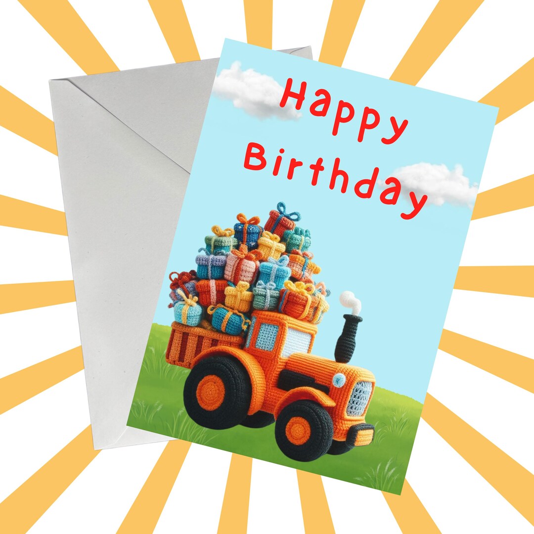Orange Tractor Birthday Card, Tractor Ride, Carrying Presents, Farm ...