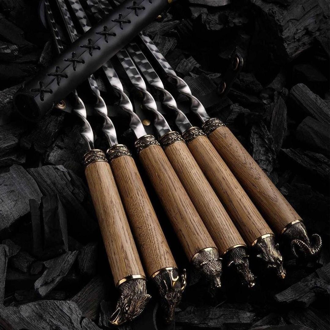Hunter’s Six” Skewer Set - Handcrafted With Bronze Animal Heads and ...