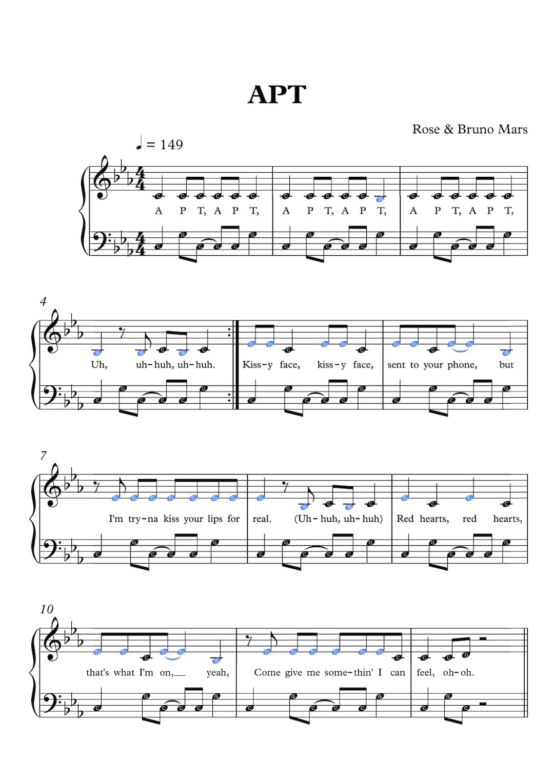 APT by Rose and Bruno Mars, Sheet Music Arranged for Easy Piano ...
