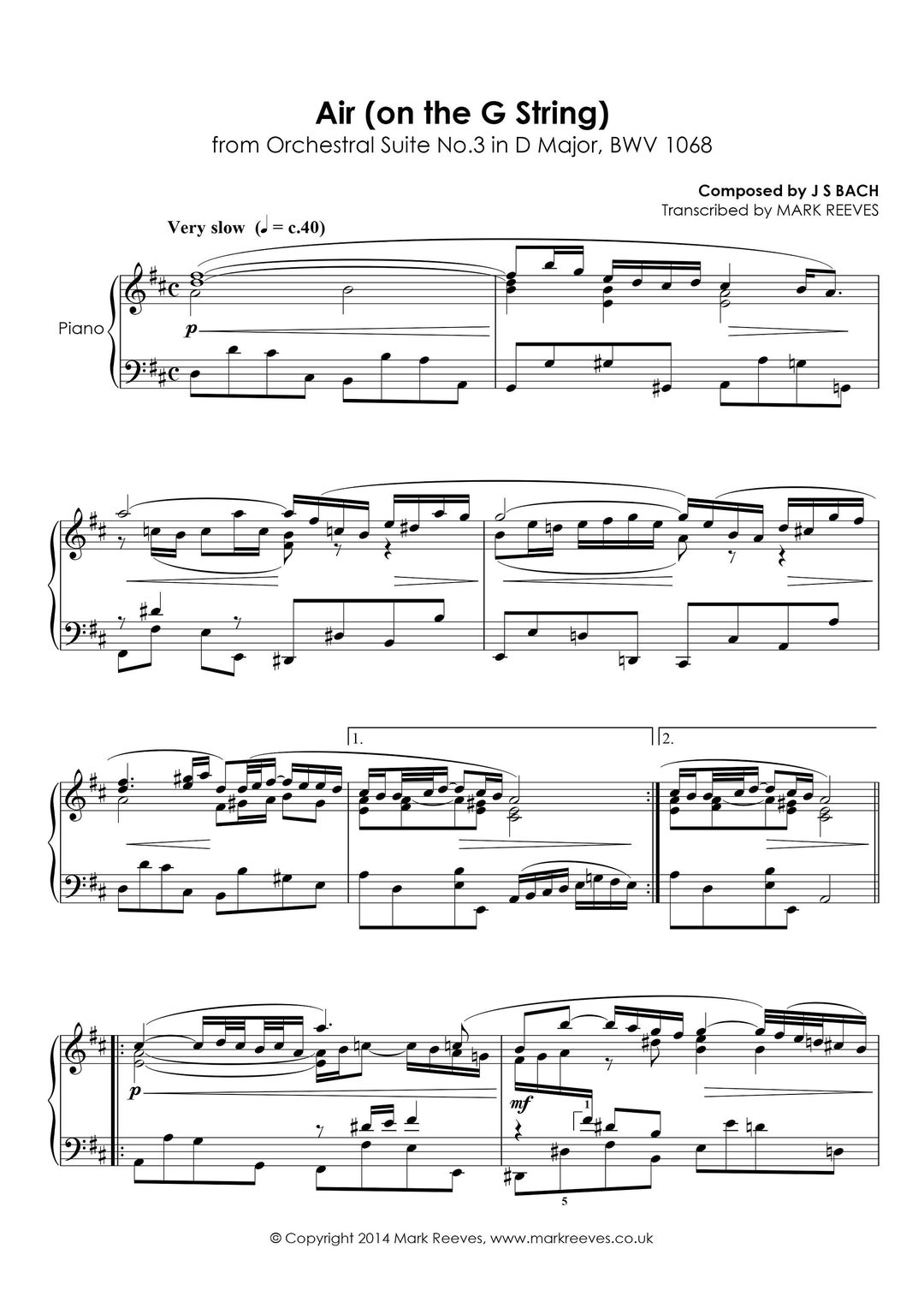 J S Bach - Air on the G String: Piano Sheet Music (digital Download) - Etsy
