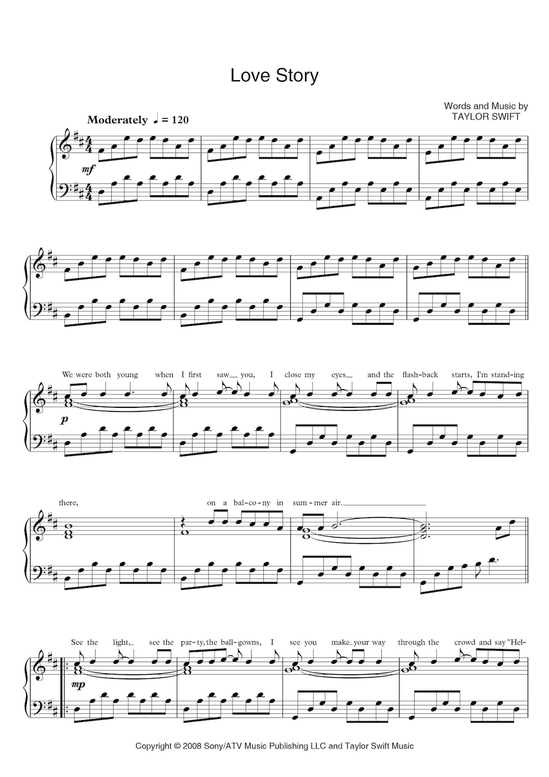 Love Story Piano Sheet Music by Taylor Swift (digital PDF) - Etsy