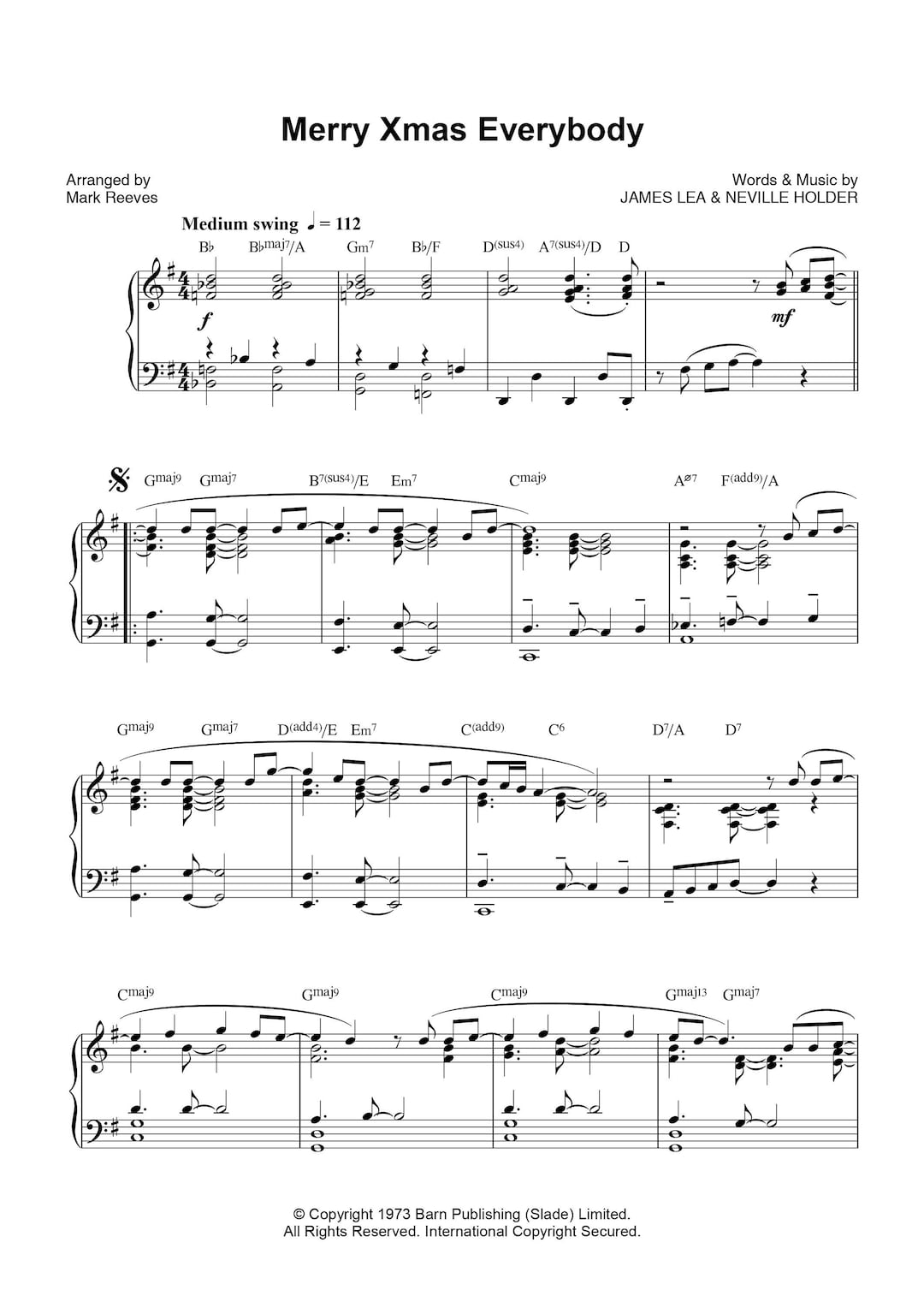 Merry Xmas Everybody by Slade, Christmas Sheet Music Arranged for ...
