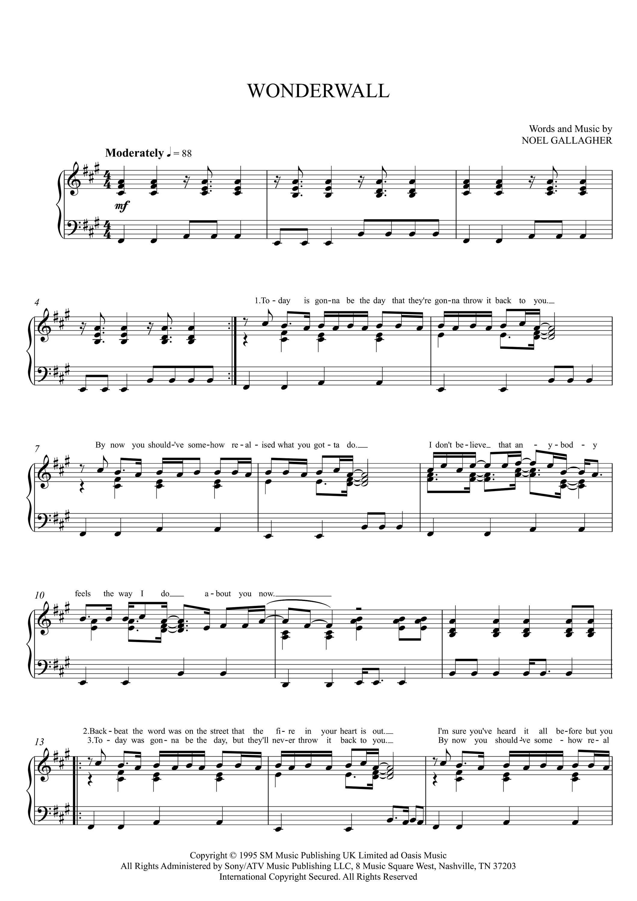 Wonderwall by Oasis, Sheet Music Arranged for Piano Solo, Digital PDF Instant Printable Download ...