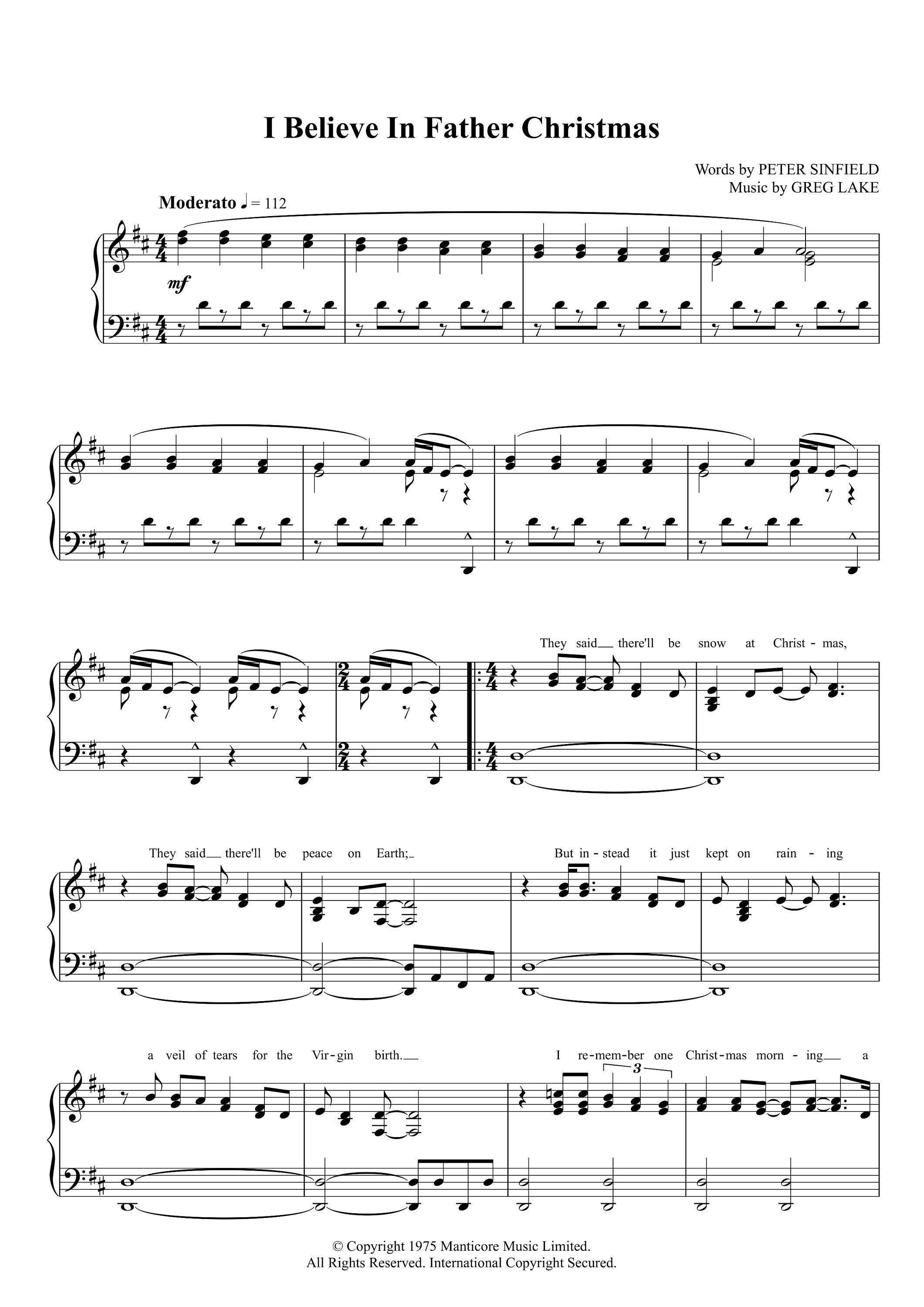 I Believe in Father Christmas by Greg Lake, Christmas Sheet Music ...