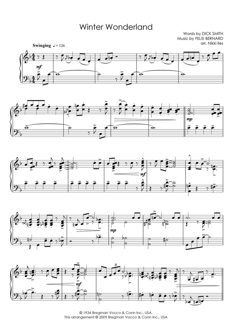 Winter Wonderland, Sheet Music Arranged for Piano Solo by Nikki Iles ...