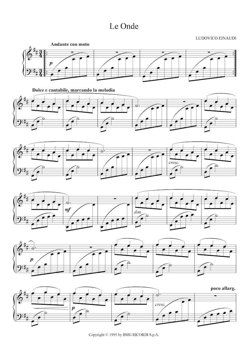 Le Onde by Ludovico Einaudi, Sheet Music for Piano Solo, Intermediate Level, Instant Printable ...