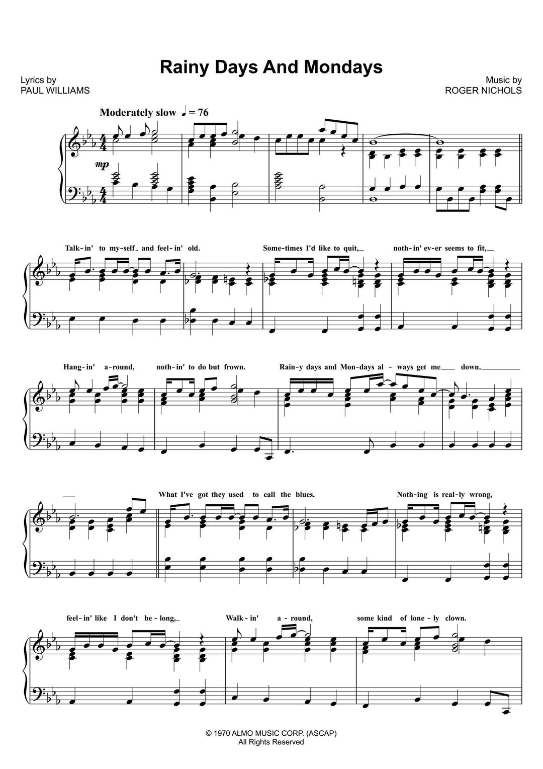 Rainy Days and Mondays Piano Sheet Music: the Carpenters (digital PDF ...