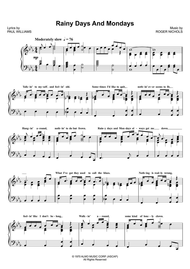 Rainy Days and Mondays by the Carpenters, Sheet Music Arranged for ...
