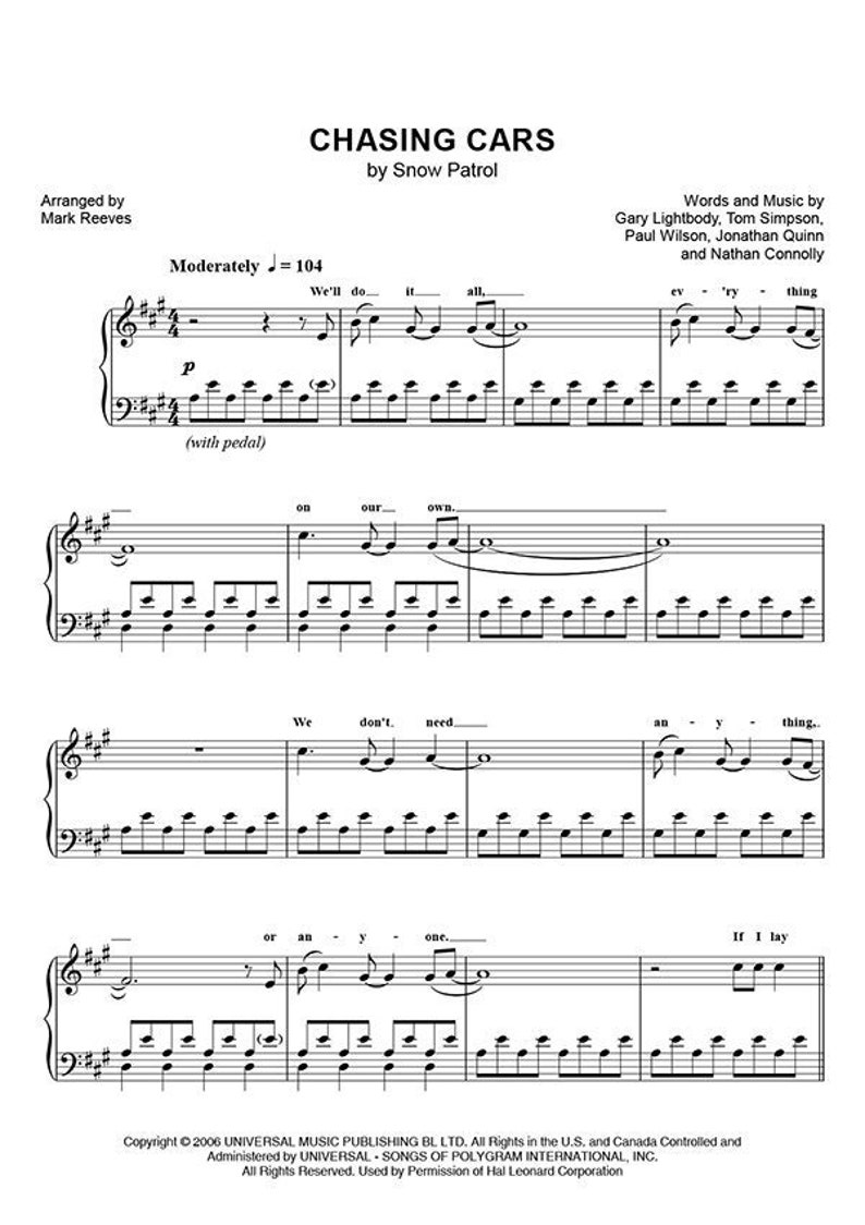 Chasing Cars by Snow Patrol, Sheet Music for Piano Solo, Accurate ...