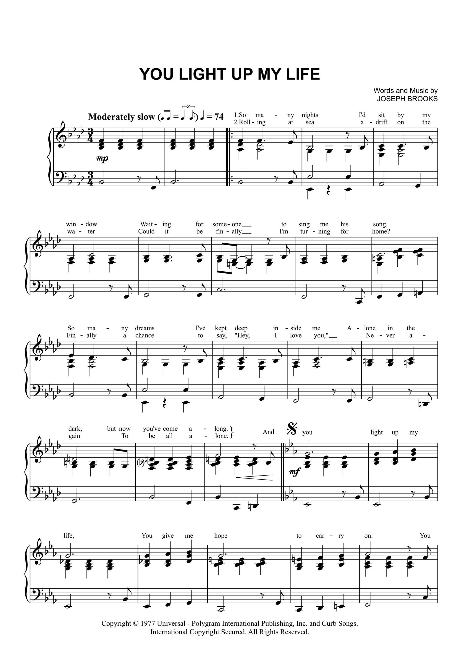 You Light up My Life Sheet Music: Piano Solo With Lyrics (digital PDF ...