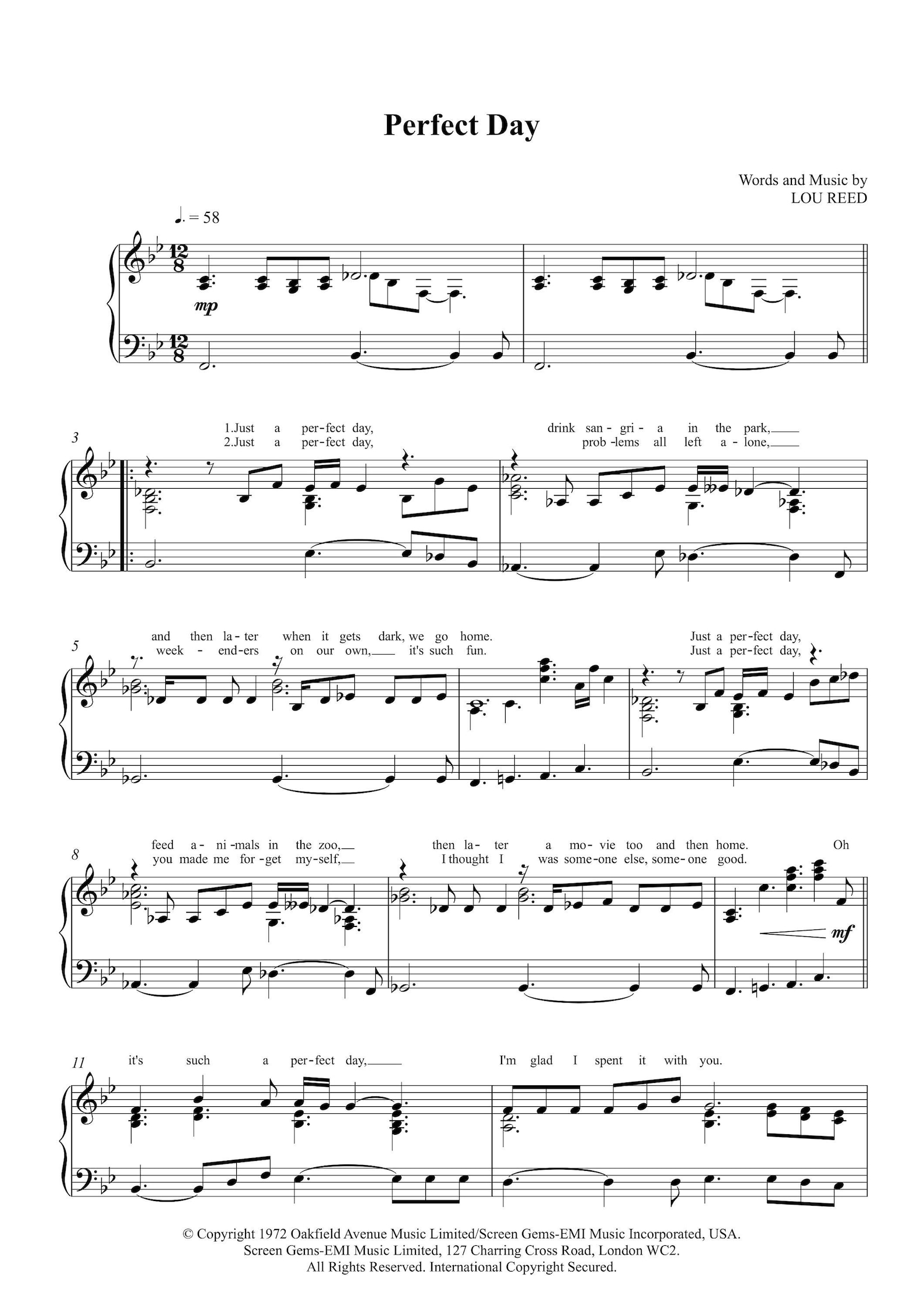 Lou Reed - Perfect Day, Piano Sheet Music Download (digital PDF) - Etsy