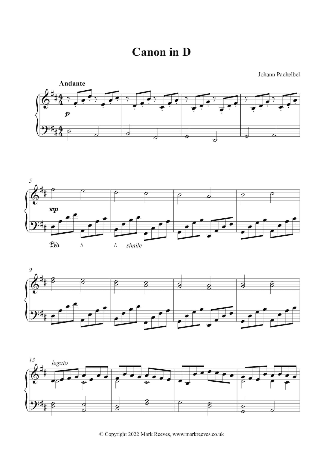 Canon in D Piano Sheet Music: Simplified Arrangement (PDF Download) - Etsy