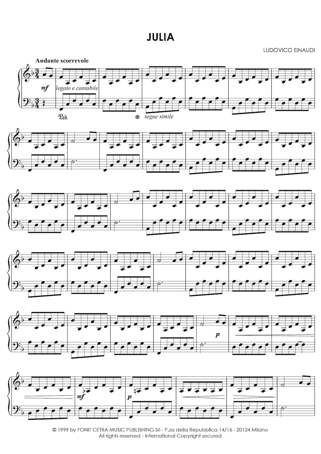 Julia by Ludovico Einaudi, Sheet Music for Piano, Intermediate Level ...