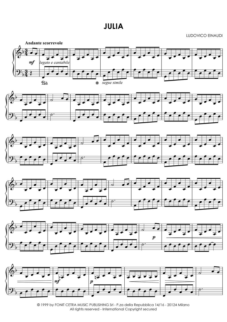 Julia by Ludovico Einaudi, Sheet Music for Piano, Intermediate Level ...