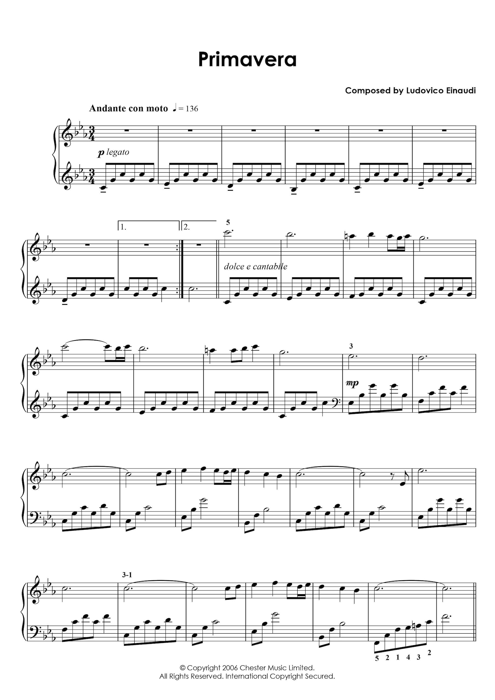 Primavera by Ludovico Einaudi, Sheet Music for Piano Solo Intermediate ...