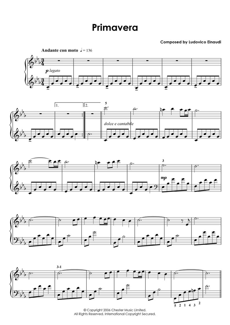Primavera by Ludovico Einaudi, Sheet Music for Piano Solo Intermediate Level, Instant Printable ...