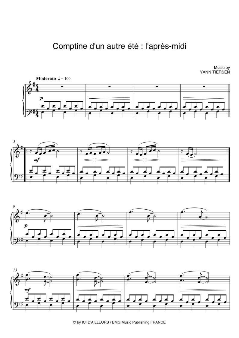 Yann Tiersen Comptine D Un Autre été Piano Sheet Music Pdf Download