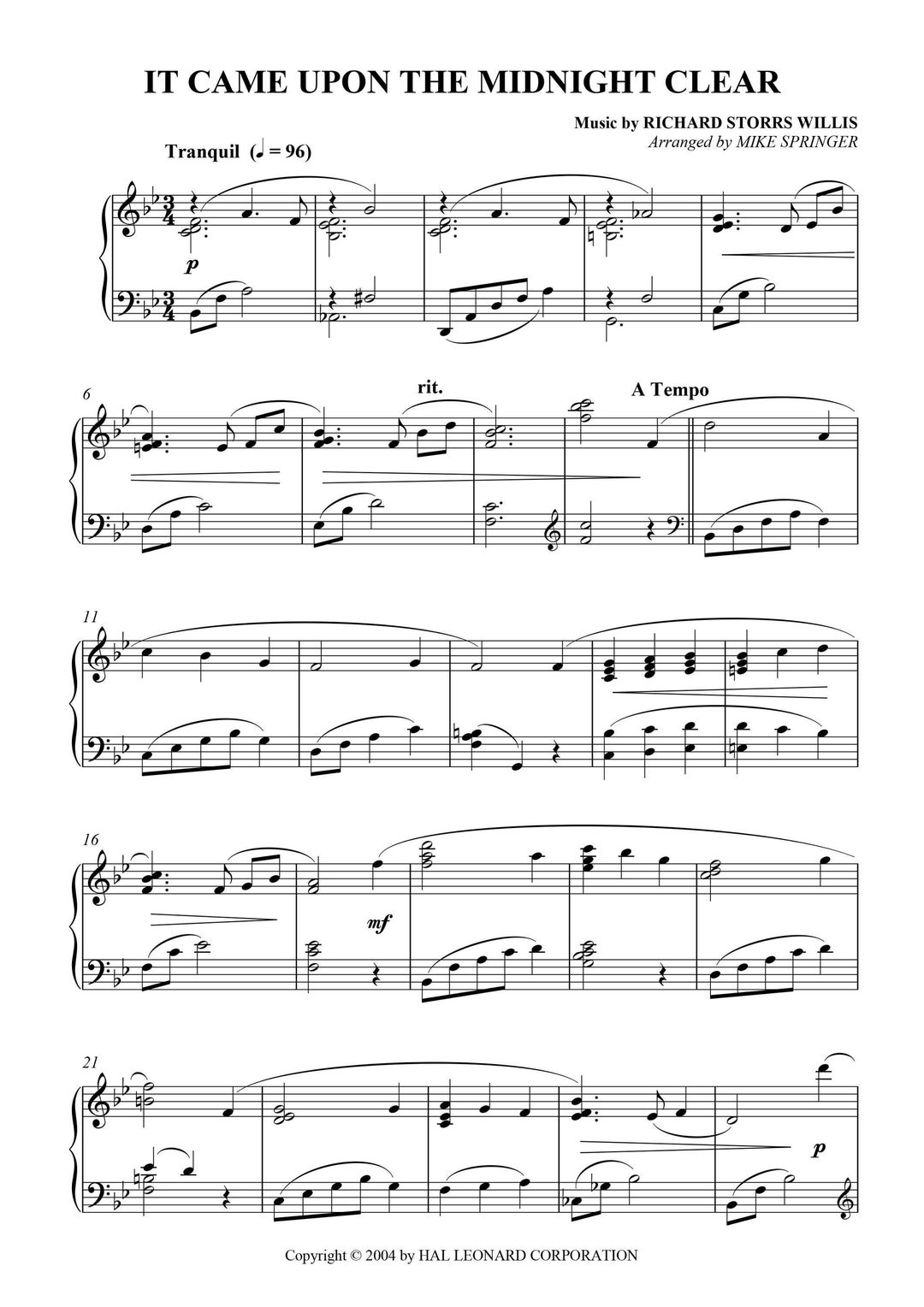 It Came Upon the Midnight Clear, Sheet Music Arranged for Piano by Mike ...