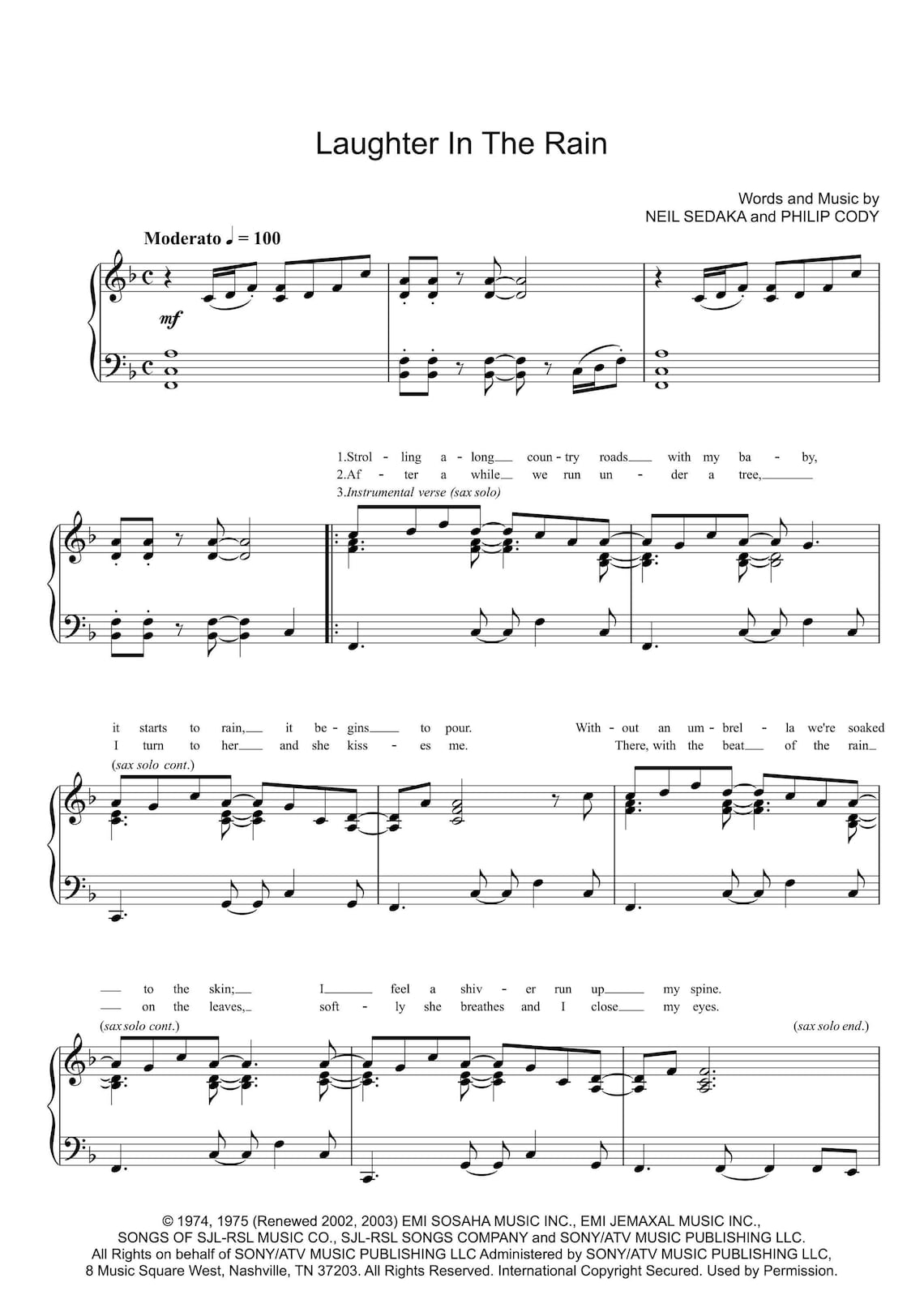Laughter in the Rain Sheet Music: Piano Solo With Lyrics (digital PDF ...