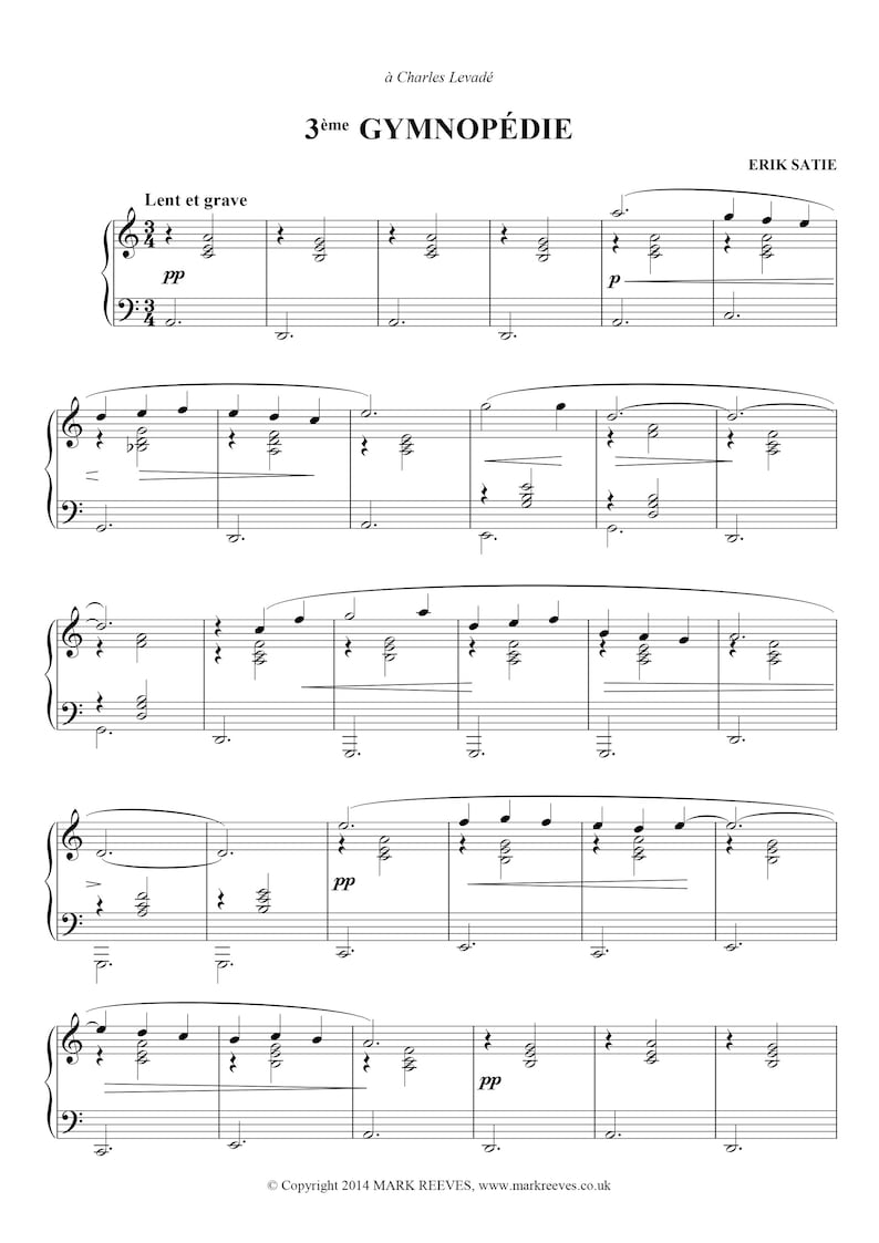 Gymnopédie No. 3 by Erik Satie, Sheet Music for Piano Solo, Two Versions, Intermediate Level ...
