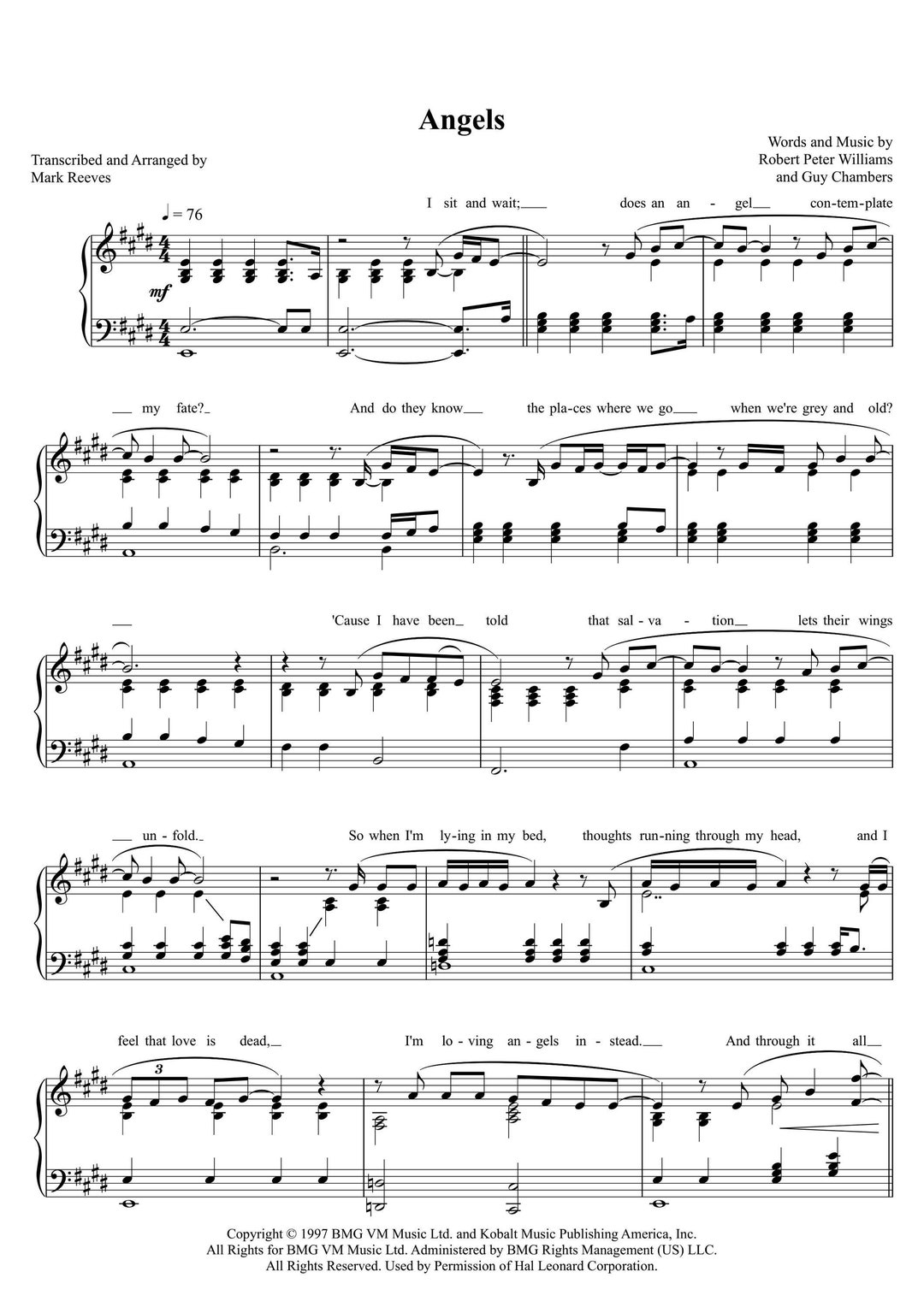 Angels by Robbie Williams: Piano Solo Sheet Music (digital Download) - Etsy