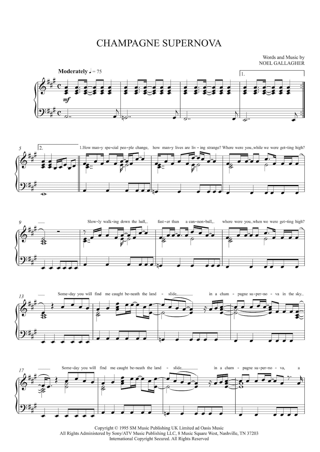 Champagne Supernova by Oasis, Sheet Music Arranged for Piano Solo ...