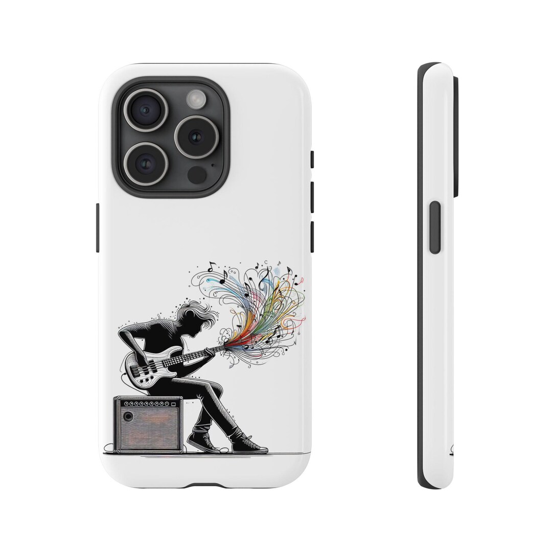 Electric Bass Player Silhouette Tough Phone Case: Colorful Music Notes ...