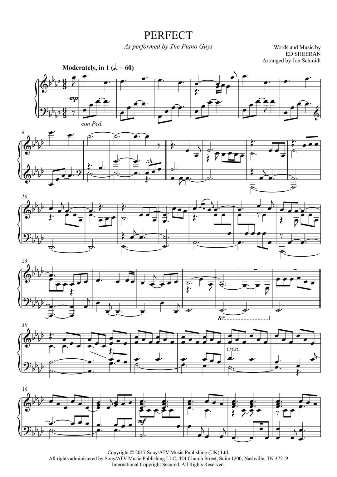 Perfect by Ed Sheeran, Sheet Music, Piano Guys Version Arranged for ...