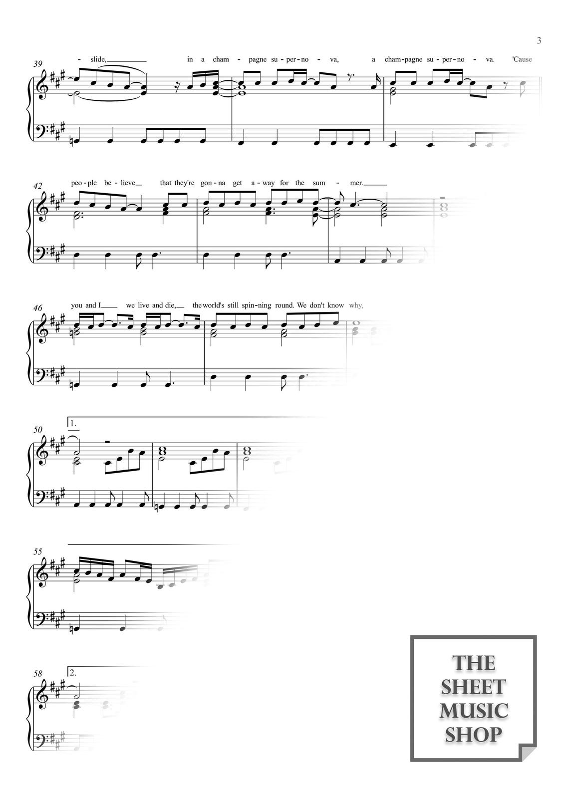 Champagne Supernova by Oasis, Sheet Music Arranged for Piano Solo ...