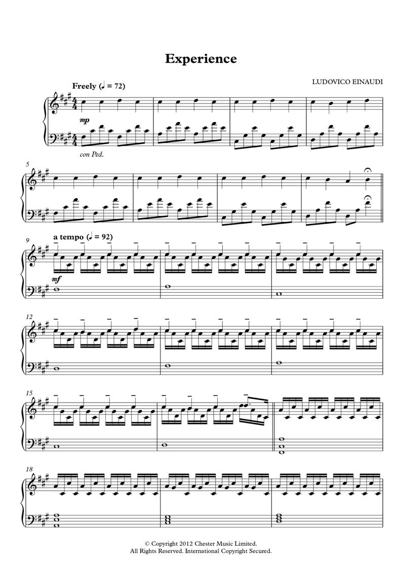 Ludovico Einaudi Experience Piano Sheet Music (PDF Download) - Etsy