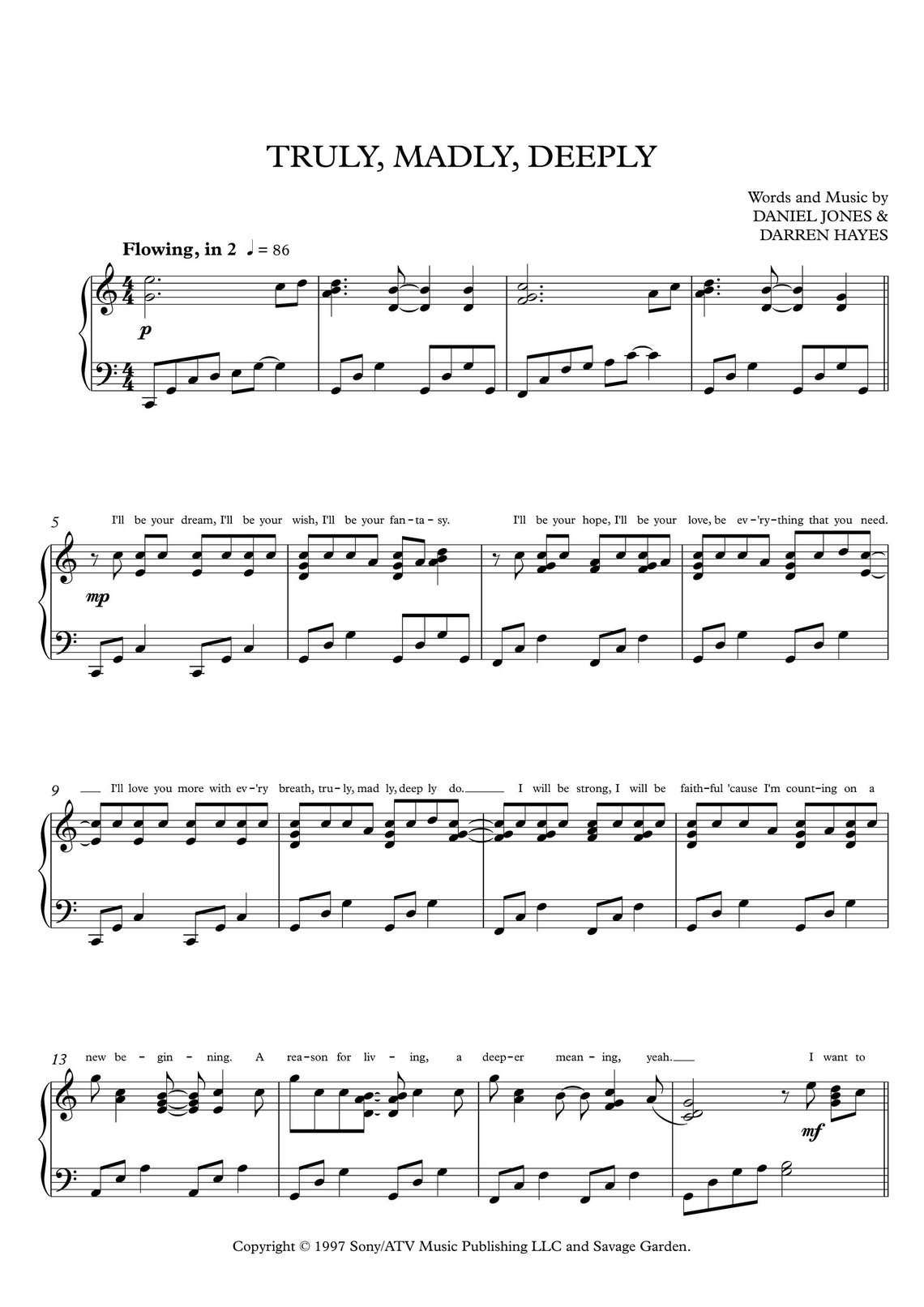 Truly Madly Deeply Piano Sheet Music: Savage Garden (digital PDF) - Etsy