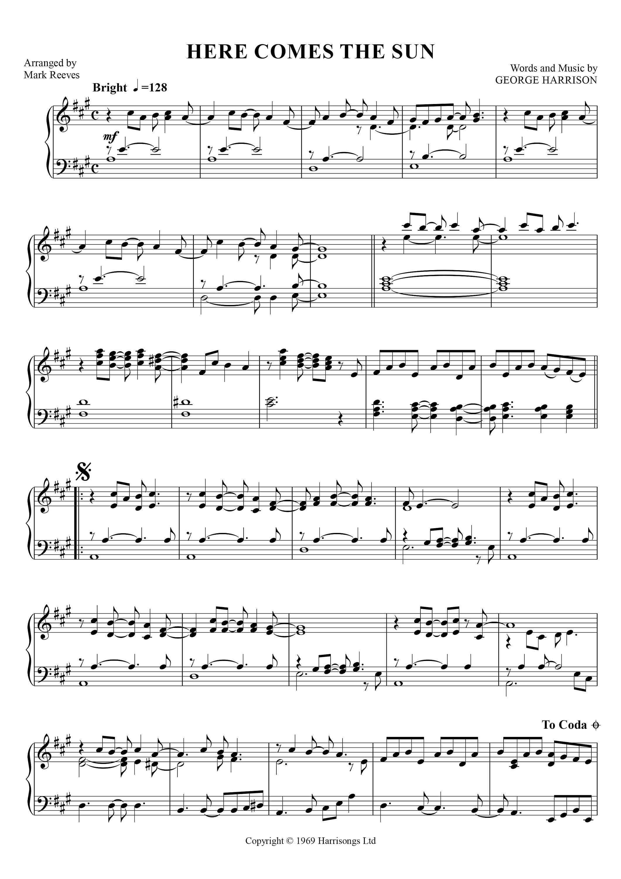 Here Comes the Sun by George Harrison (the Beatles), Sheet Music ...