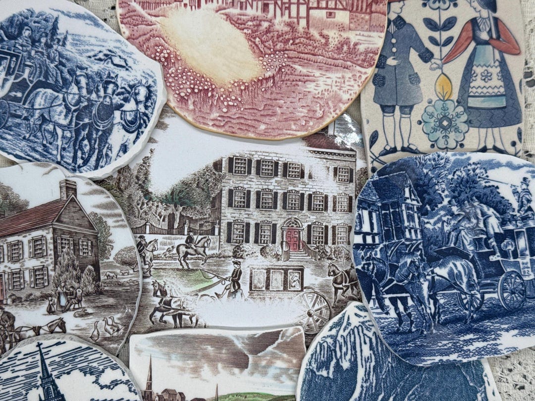 MOSAIC CENTERPIECE Scenes Hand-cut Chards Tumbled Pottery Vintage ...