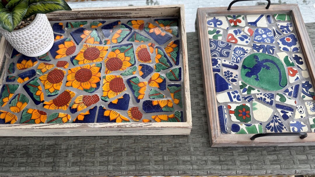 Sunflower/lizard/mosaic Talavera Tile Tray With Rustic Wood for ...