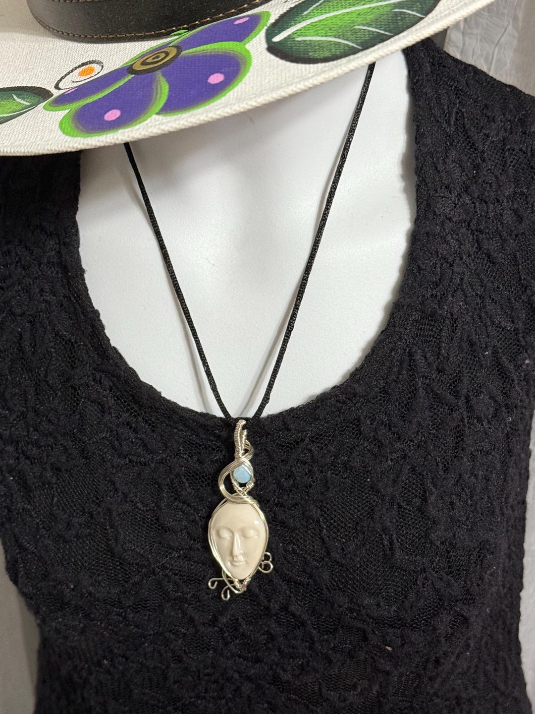 Handmade Carved Bone Moon Face Pendant: Silver Wire Wrapped With ...