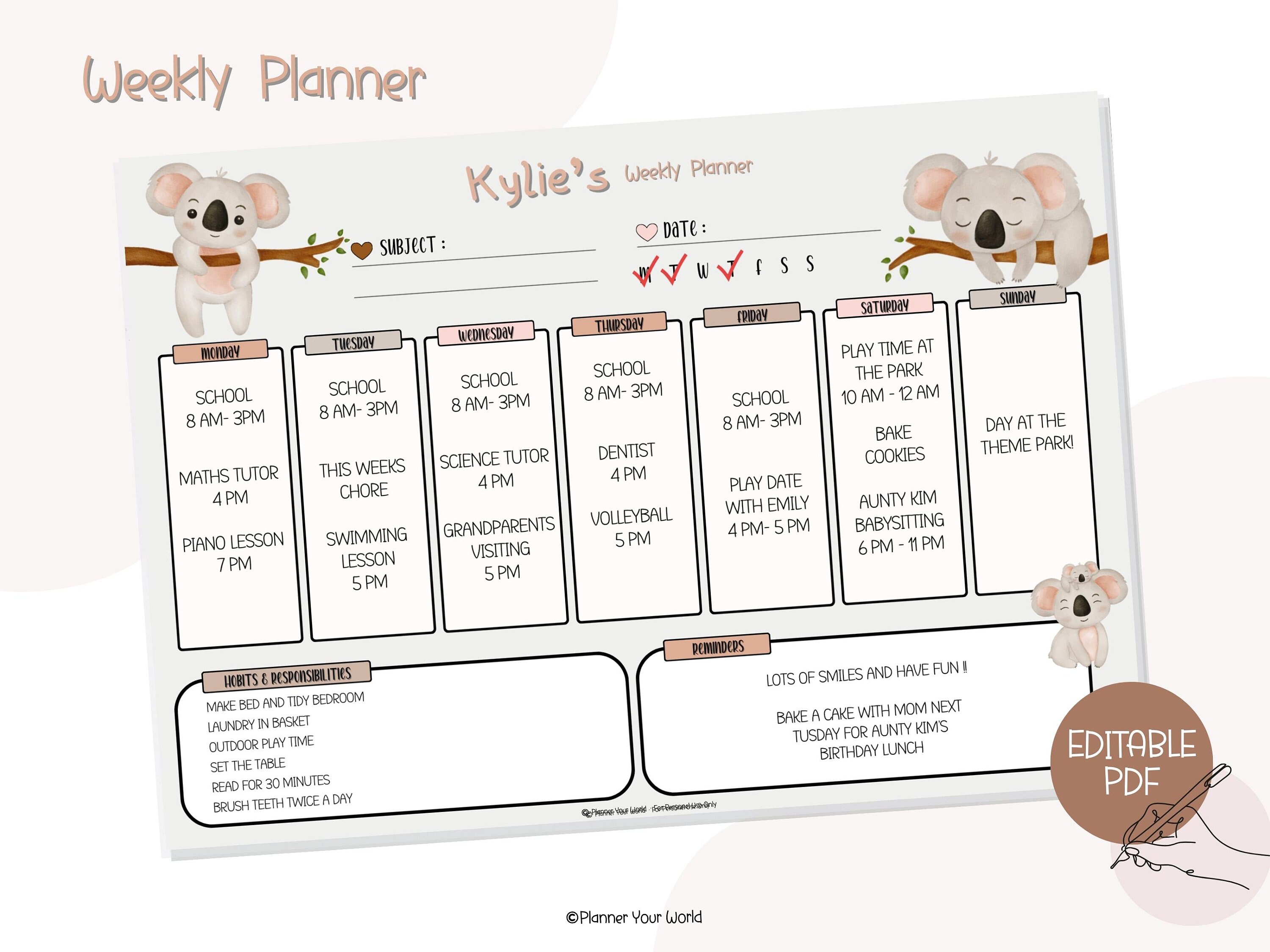 Kids Weekly Planner Printable, Childrens Activity Schedule, Cute ...