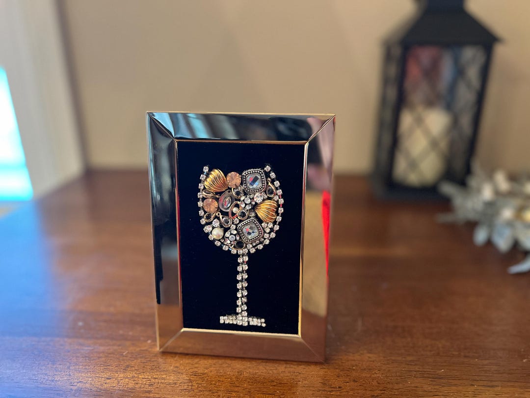 Handmade Vintage Jewelry Art - Glass of Chardonnay in Gold Frame (4x6 ...