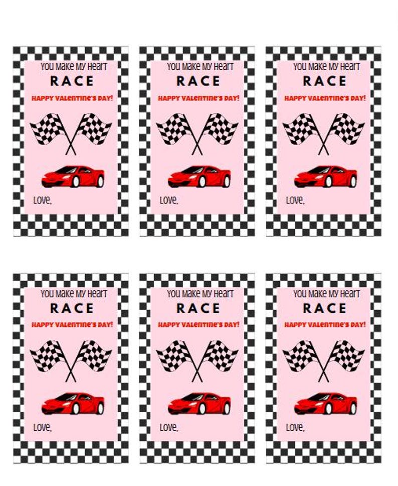 You Make My Heart Race Racecar Printable Valentines for Kids - Etsy