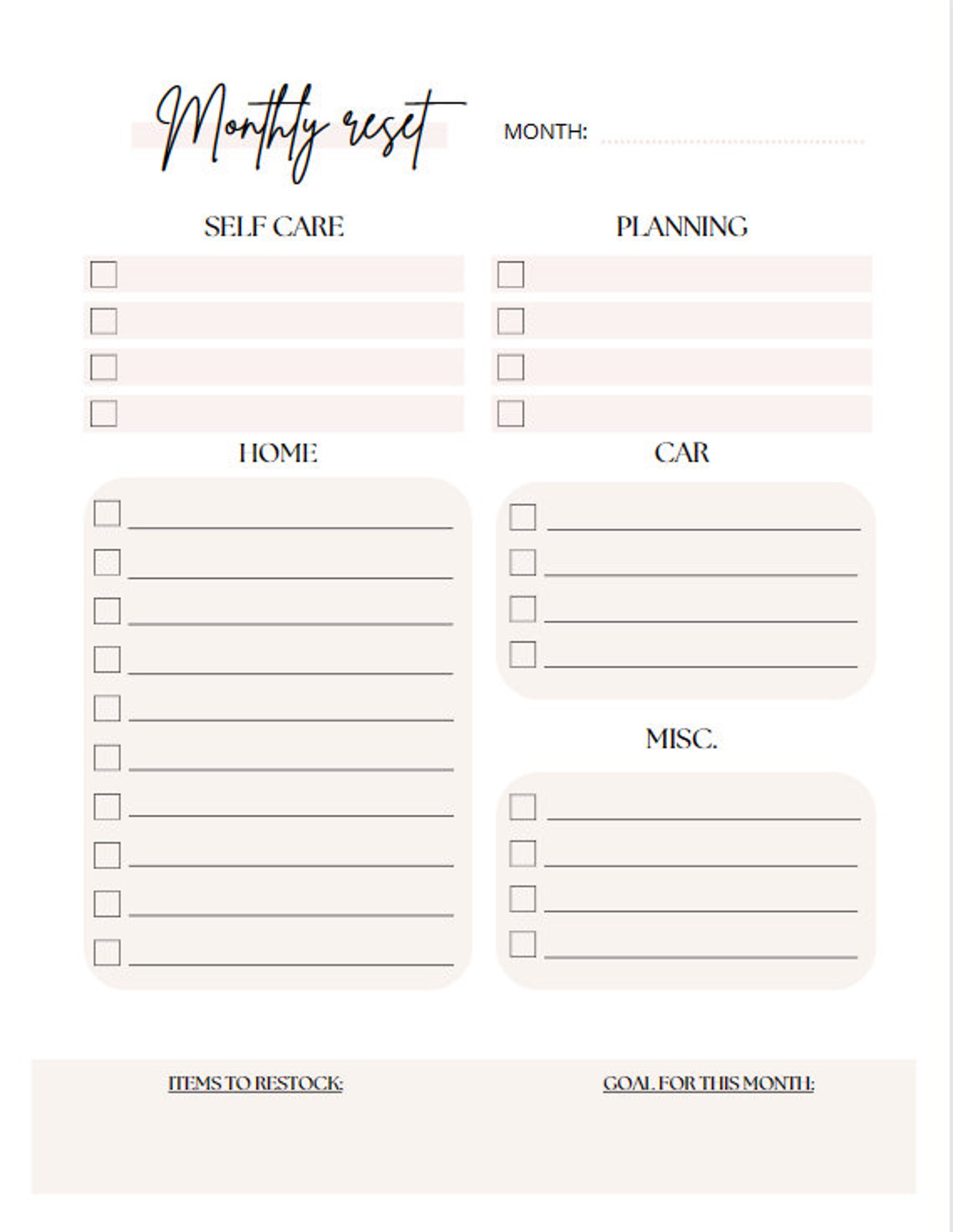 Monthly Reset Printable, INSTANT DOWNLOAD, Aesthetic Planning Page ...