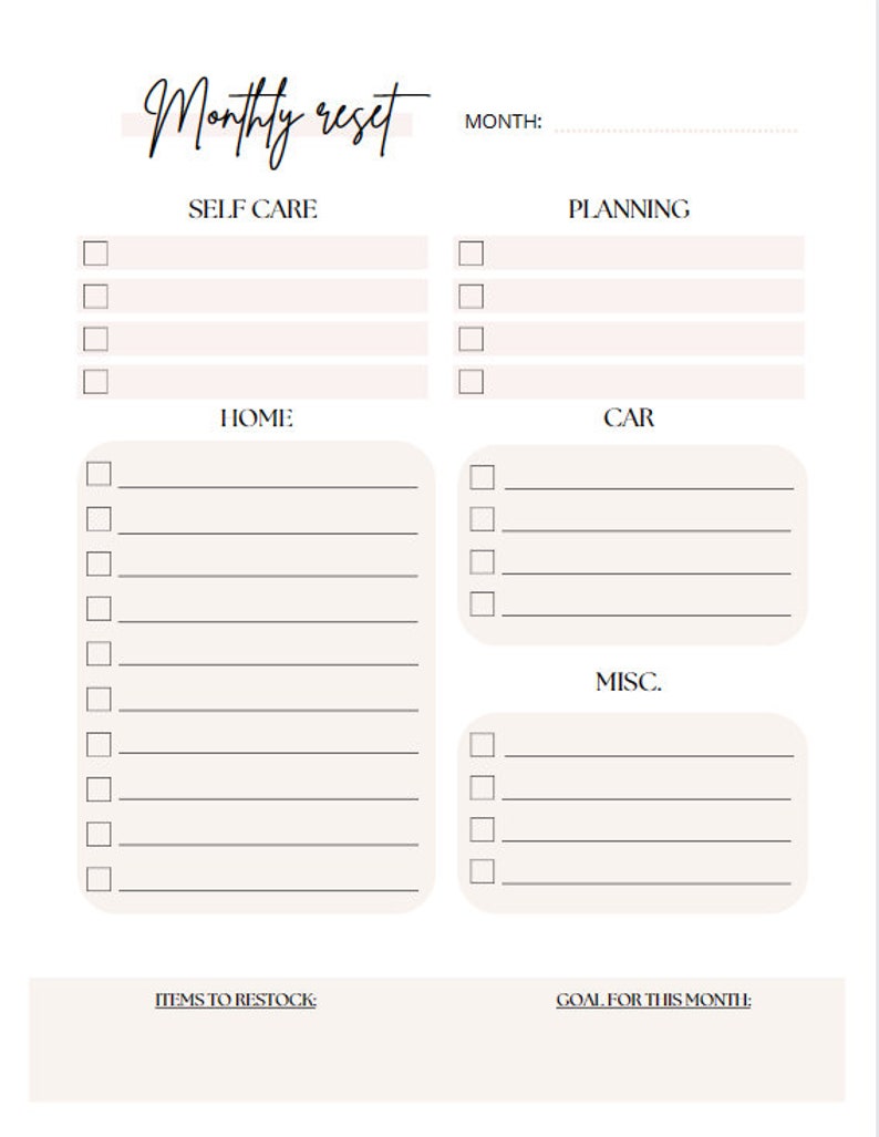 Monthly Reset Printable, INSTANT DOWNLOAD, Aesthetic Planning Page Focused on Self-care ...