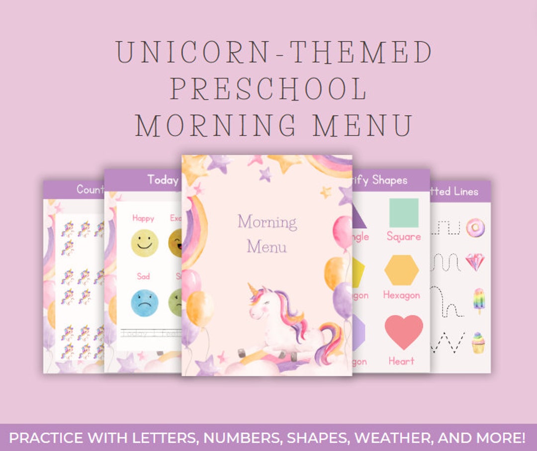 Unicorn-themed Preschool Morning Menu, INSTANT DOWNLOAD, Practice With ...
