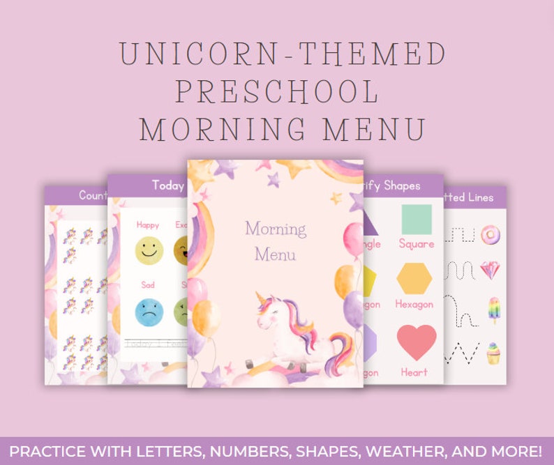Unicorn-themed Preschool Morning Menu, INSTANT DOWNLOAD, Practice With ...
