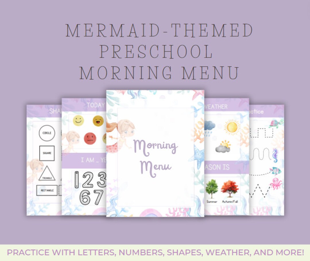 Mermaid-themed Preschool Morning Menu, INSTANT DOWNLOAD, Practice With ...