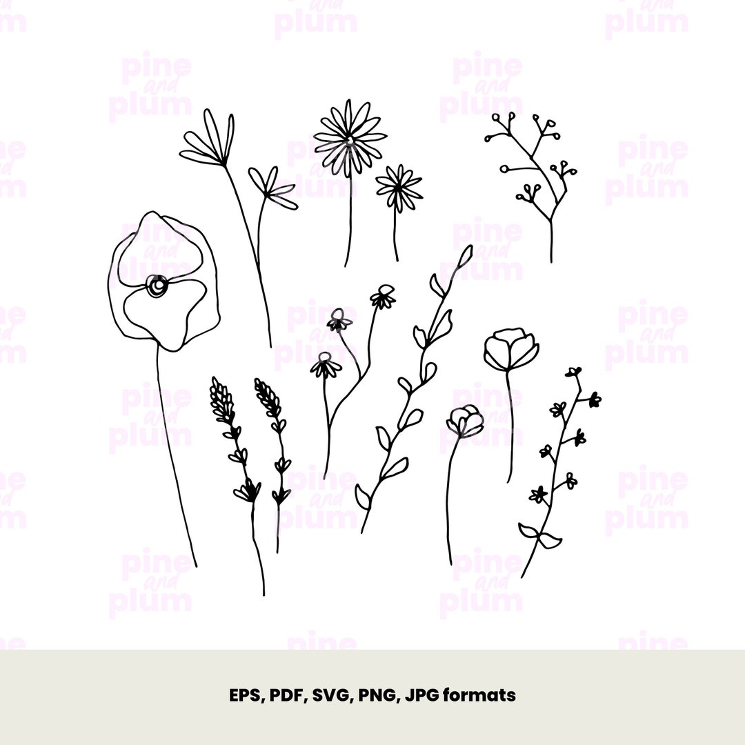 Hand Drawn Flower Bundle - Floral Svg, Pdf, Jpg, Minimalist Bouquet ...