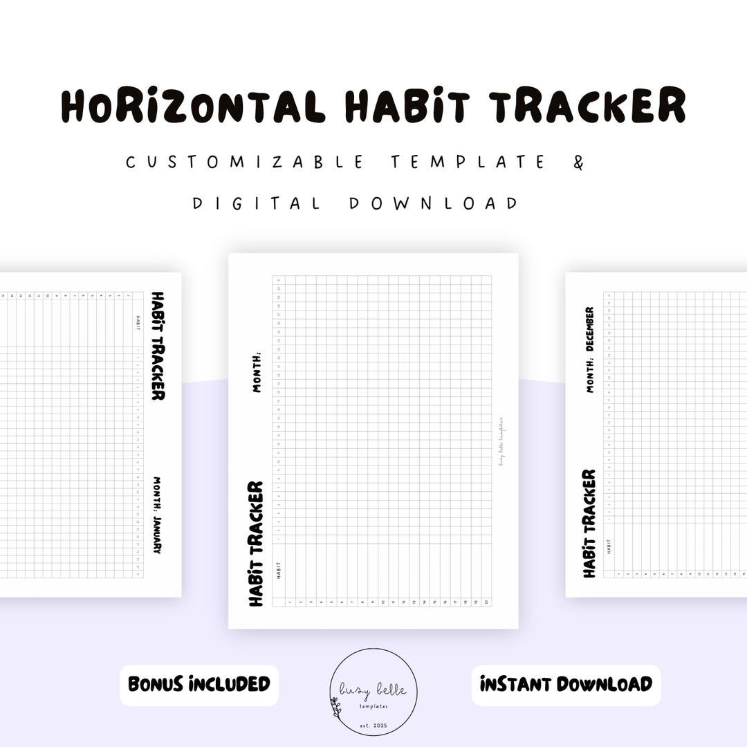 Horizontal Habit Tracker Printable Monthly Tracker PDF for Productivity ...